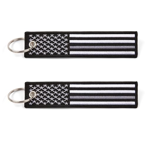 Great 1 Thin Grey-Gray Line American Flag Keychain Tag with Key Ring & Carabiner 2-Pack - Correctional Officer