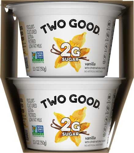 Two Good Low Fat Greek Yogurt, Vanilla, Lower Sugar, Gluten Free, With 2g of Sugar, 5.3 oz., 4 Pack