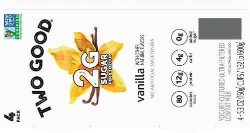 Two Good Low Fat Greek Yogurt, Vanilla, Lower Sugar, Gluten Free, With 2g of Sugar, 5.3 oz., 4 Pack