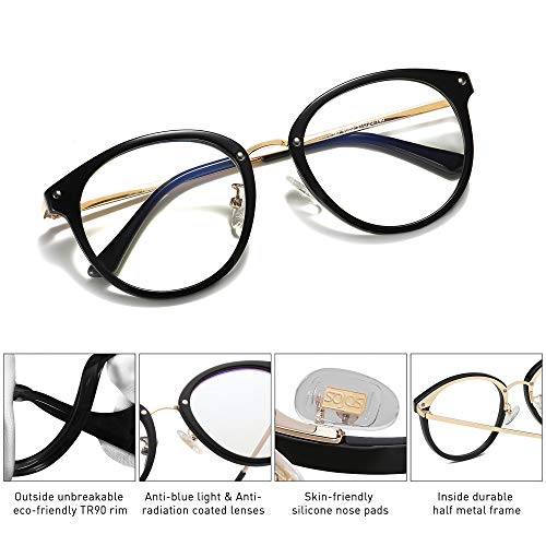 SOJOS Retro Round TR90 Blue Light Reading Glasses Womens Mens Readers Computer Glasses Eyewear Frame SJ9001, Black Frame 0.00 x