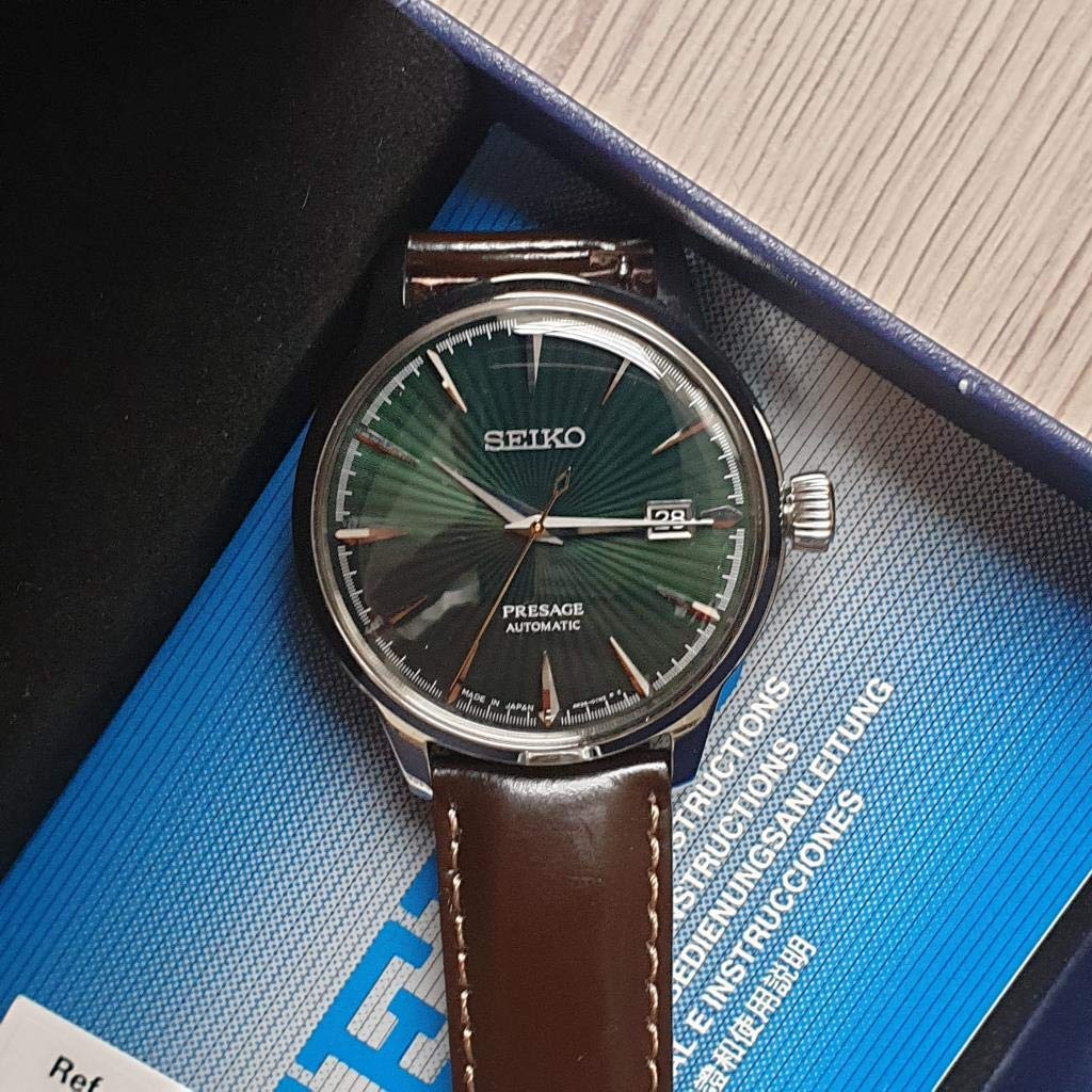 SEIKO mens PRESAGE 'Mockingbird' Cocktail Green Dial with Brown Leather Watch SRPD37J1