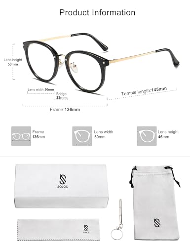 SOJOS Retro Round TR90 Blue Light Reading Glasses Womens Mens Readers Computer Glasses Eyewear Frame SJ9001, Black Frame 0.00 x