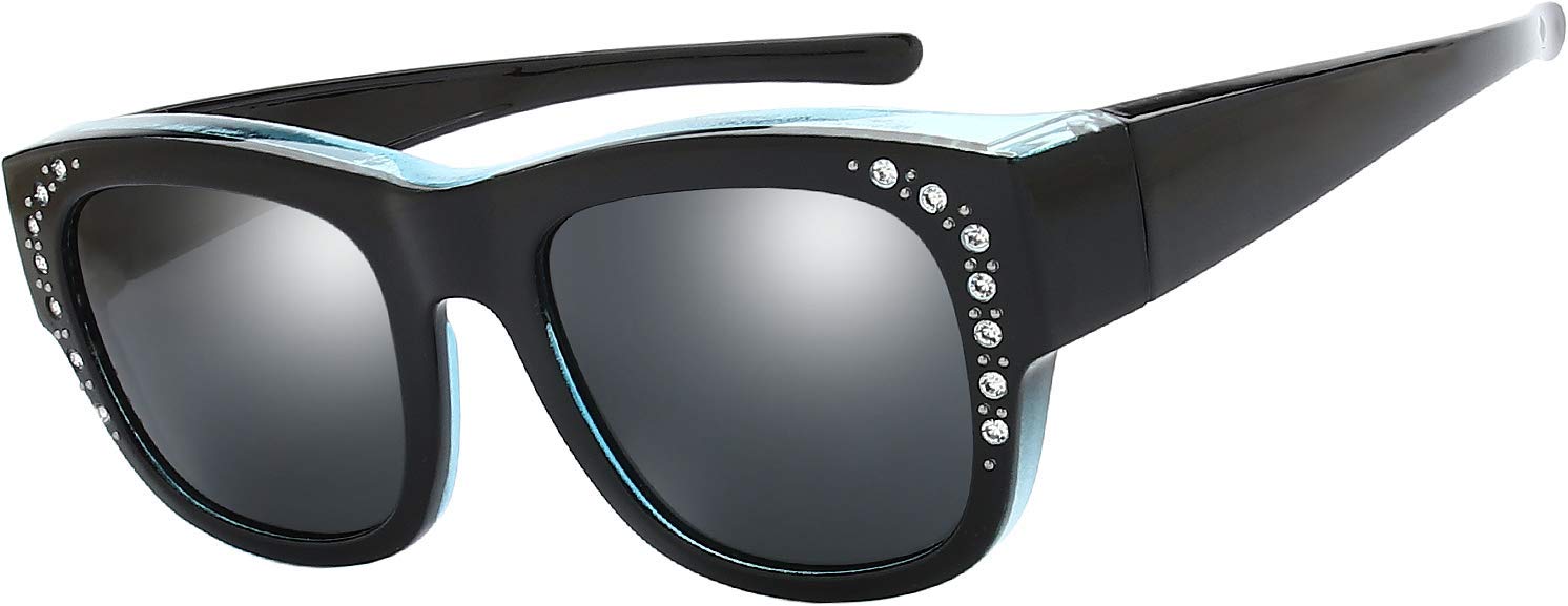 The Fresh High Definition Polarized Wrap Around Shield Oversized Sunglasses for Large Glasses - Gift Box Package (F5607RP02-Crystal blue/Black Paint for Large Glasses, Grey)