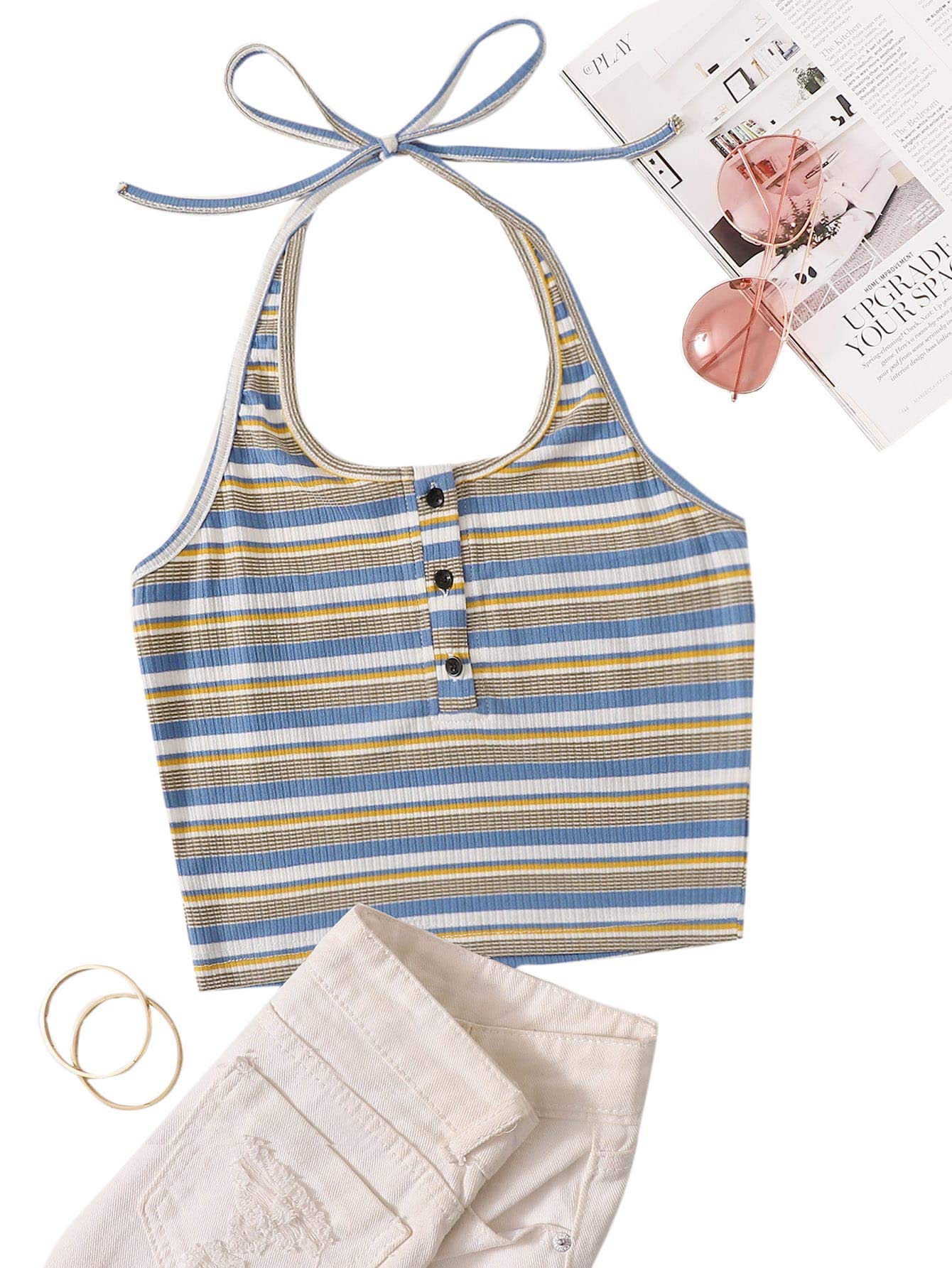 SweatyRocks Women's Casual Sleeveless Vest Halter Crop Top Cami Tank Tops Blue S