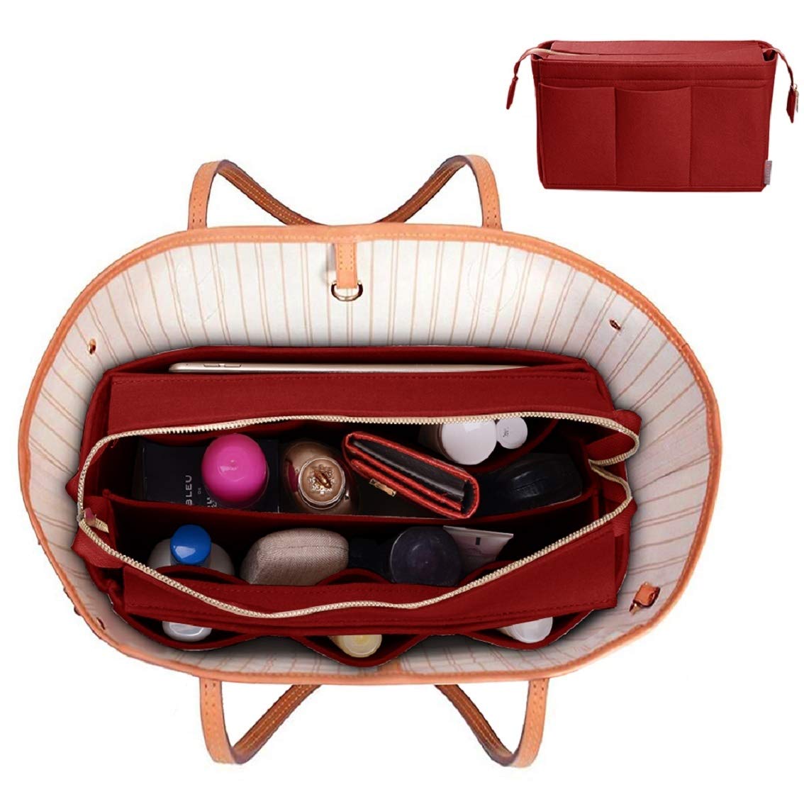 Purse Organizer Insert,Felt Bag Organizer with NEW Detachable Zipper cover, fits, St Lious, Tote and handbag shaper (Medium, Red)