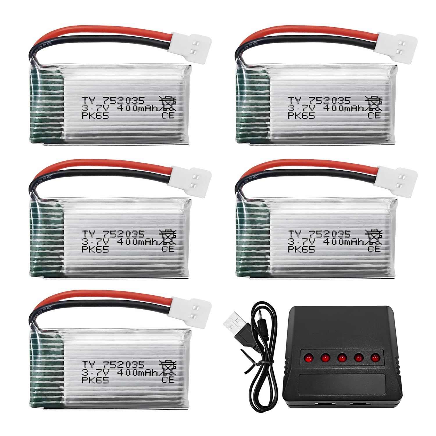 sea Jump 5PCS 3.7V 400mAh Li Battery with 5in1 Charger for SYMA Q11 H99W H31 H6C H98 TR-C385 TR-P51 TR-F22 Quadcopter Parts Aircraft Model Drone Battery AT-96