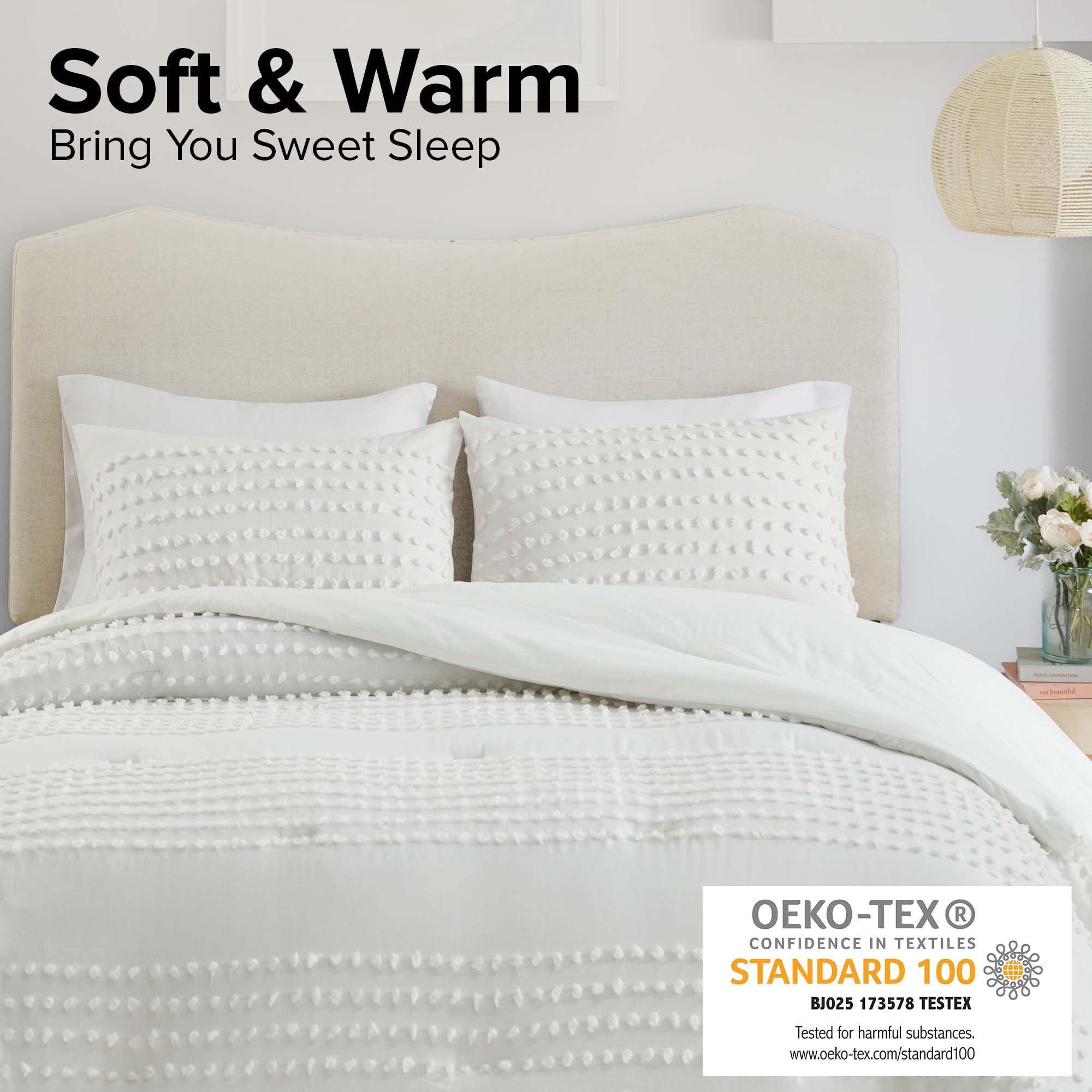 Comfort Spaces Cotton Comforter Set Jacquard Pom-Pom Tufts Design, Down Alternative, All Season Modern Bedding, Matching Shams, Full/Queen, Phillips, Ivory