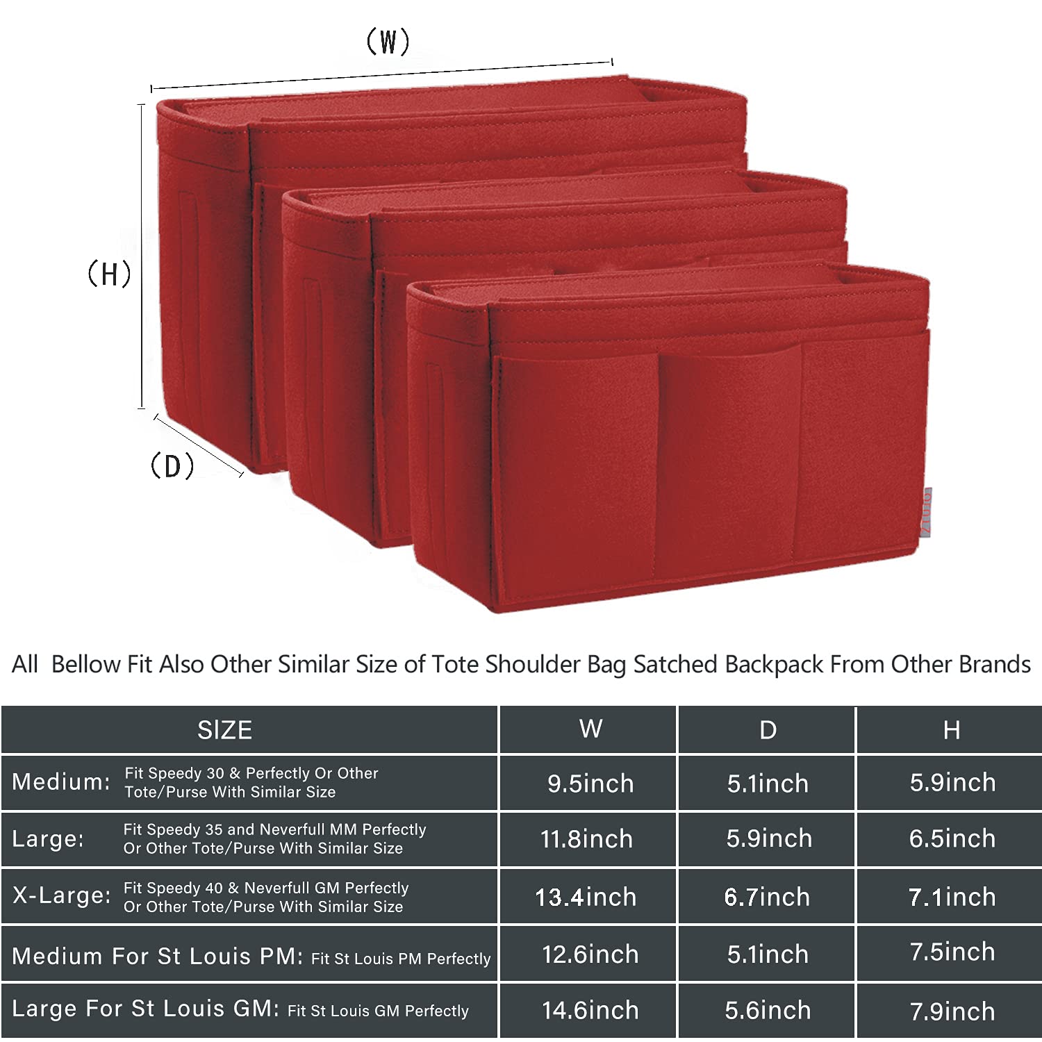 Purse Organizer Insert,Felt Bag Organizer with NEW Detachable Zipper cover, fits, St Lious, Tote and handbag shaper (Medium, Red)
