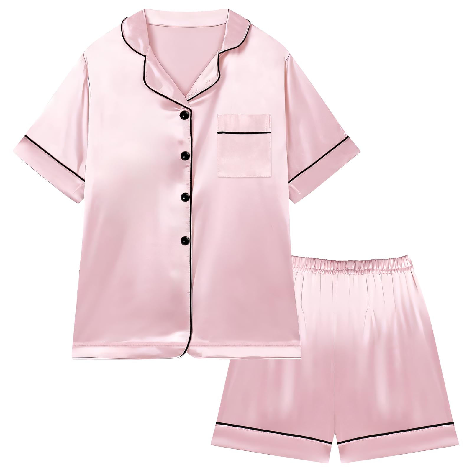 Digirlsor Little Boys Girls Short Satin Pajamas Set Classic Silk Pjs Toddler Kids 2 Piece Sleepwear Button-Down Short Sleeve Pink, Tag16/11-12 years/ Height 140-150cm