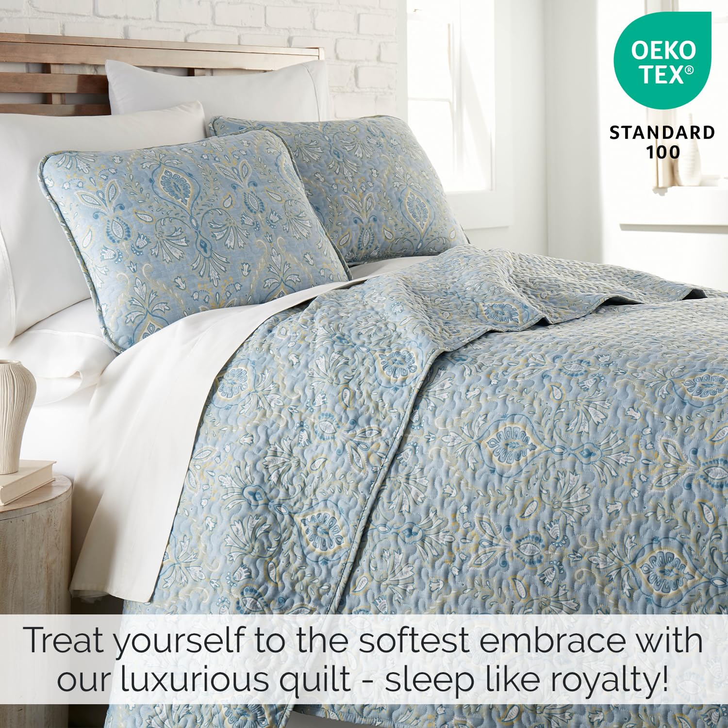 Southshore Fine Living, Inc. Boho Quilt Set, Lightweight Bedspread, Summer Coverlet, 3-Piece Paisley Bedding Set with Two Matching Pillow Shams, California/King Quilts, Blue Paisley