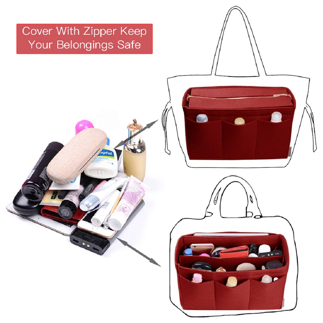 Purse Organizer Insert,Felt Bag Organizer with NEW Detachable Zipper cover, fits, St Lious, Tote and handbag shaper (Medium, Red)