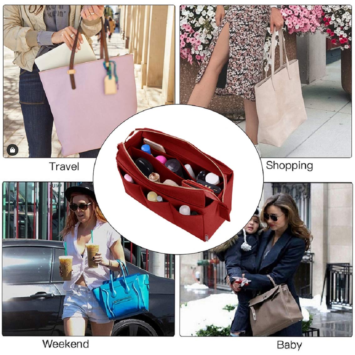 Purse Organizer Insert,Felt Bag Organizer with NEW Detachable Zipper cover, fits, St Lious, Tote and handbag shaper (Medium, Red)