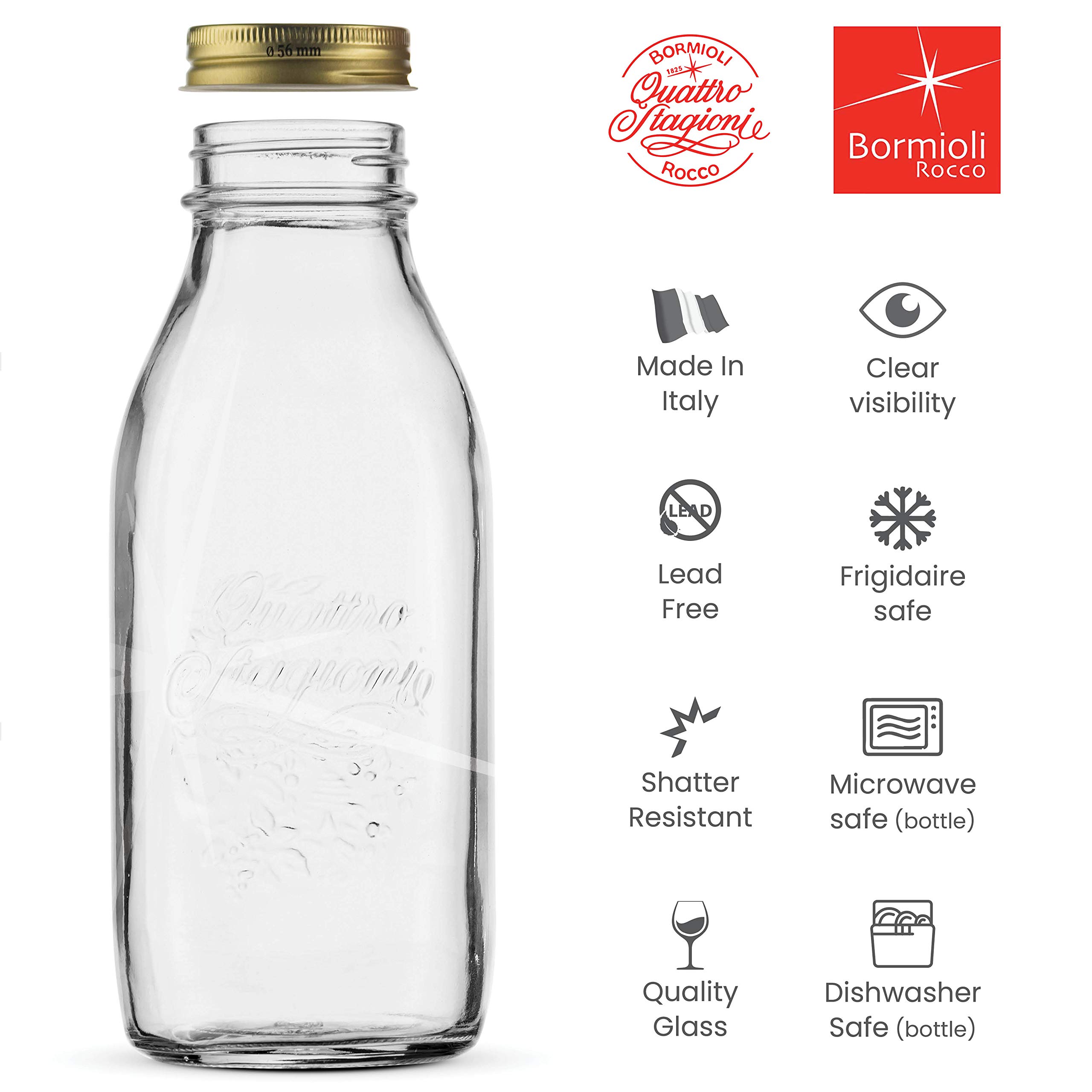 Bormioli Rocco Quattro Stagioni Glass Milk Bottle 33.75, 4 Pack, Clear