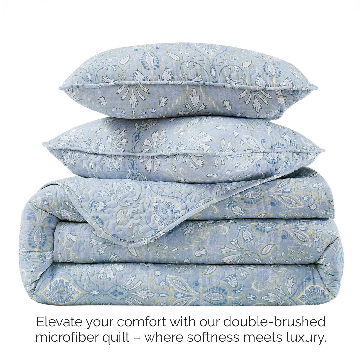 Southshore Fine Living, Inc. Boho Quilt Set, Lightweight Bedspread, Summer Coverlet, 3-Piece Paisley Bedding Set with Two Matching Pillow Shams, California/King Quilts, Blue Paisley