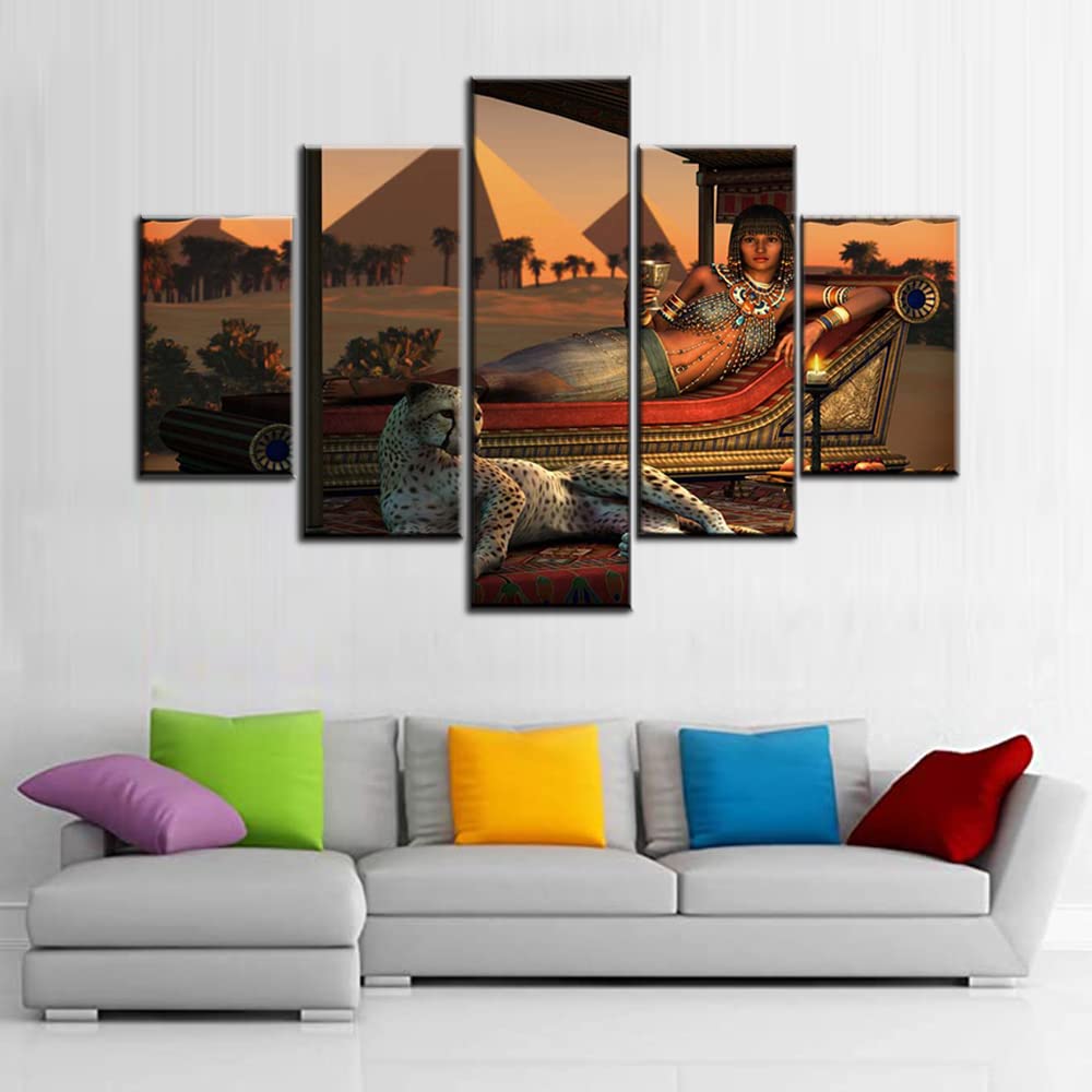 Ancient Egypt Princess Wall Art Egyptian Lady Women Artwork Animal Cheetah/ Leopard Pictures 5 Piece Prints Canvas Painting for Living Room House Decor Wooden Framed Ready to Hang Gift(60''Wx 40''H)