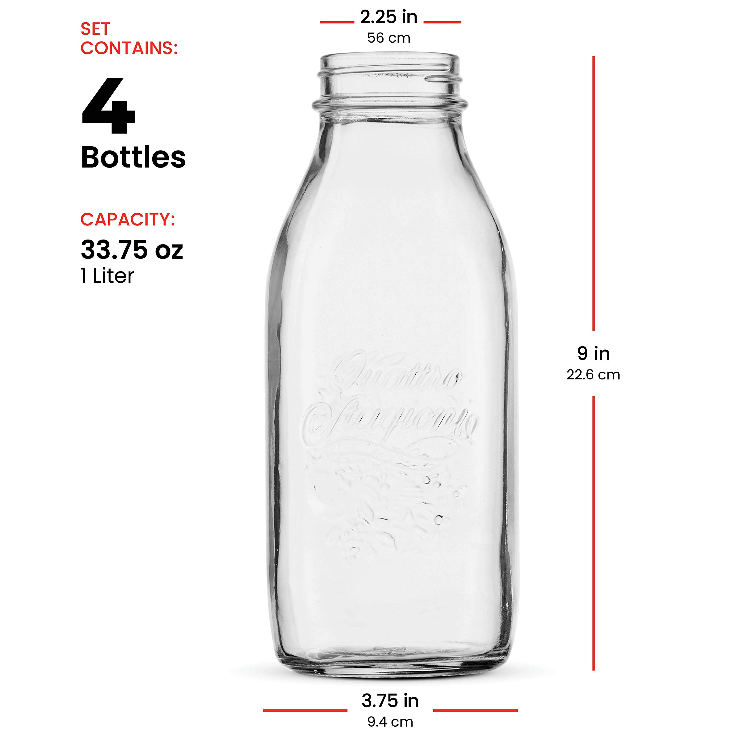Bormioli Rocco Quattro Stagioni Glass Milk Bottle 33.75, 4 Pack, Clear