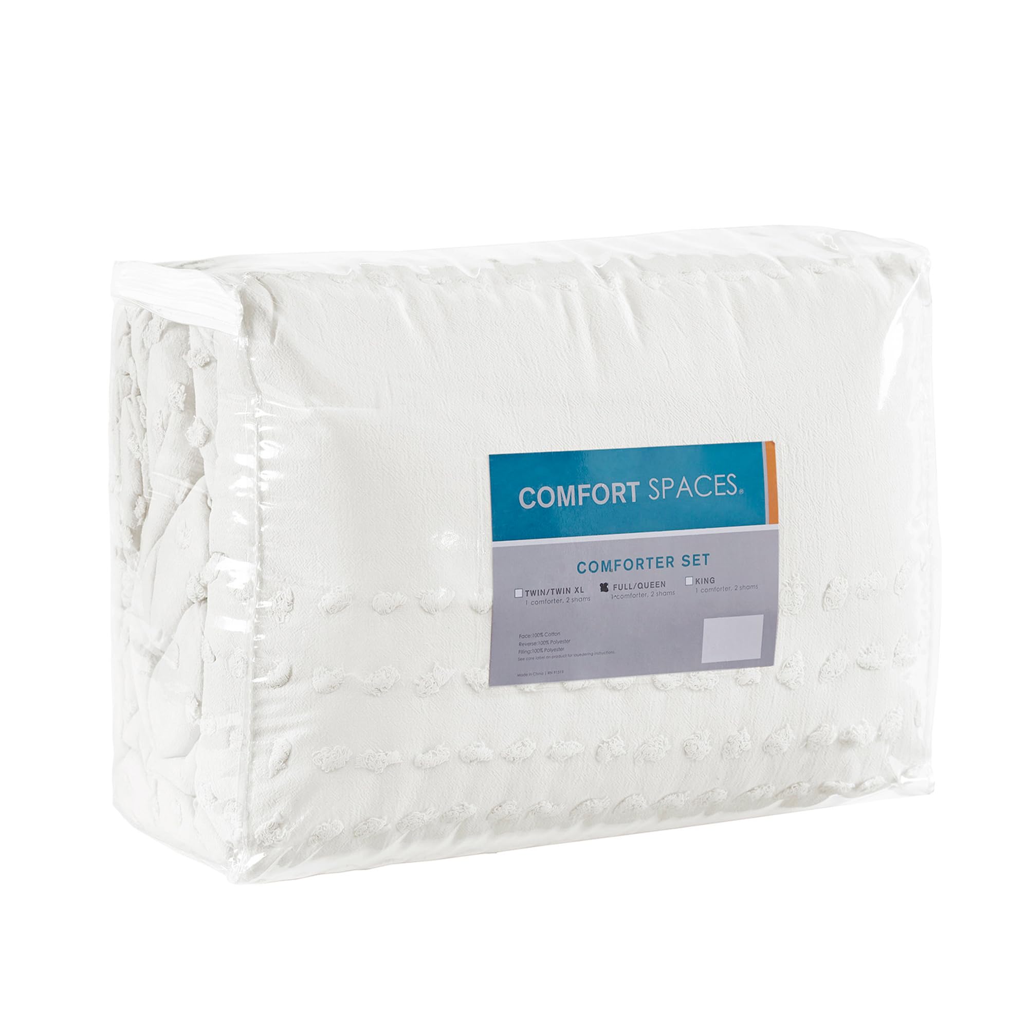 Comfort Spaces Cotton Comforter Set Jacquard Pom-Pom Tufts Design, Down Alternative, All Season Modern Bedding, Matching Shams, Full/Queen, Phillips, Ivory