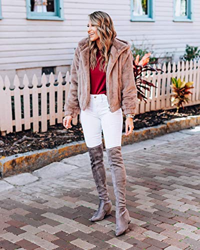The Drop Women's Sloane Faux Fur Zip Front Hooded Bomber Jacket Outerwear, -Sand, S