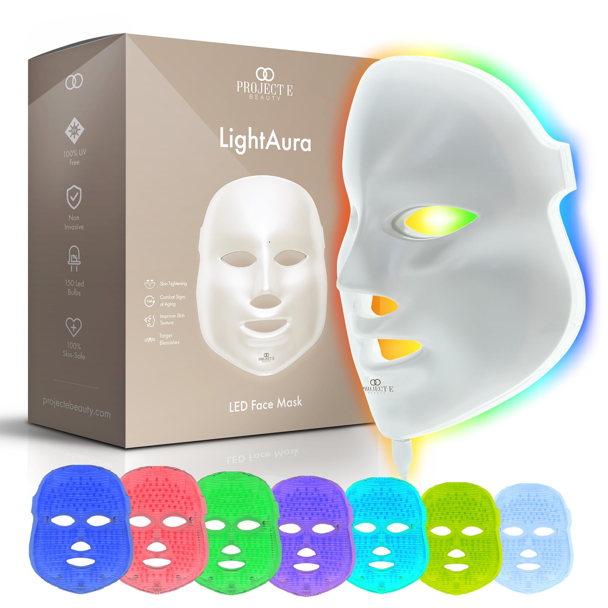 Project E Beauty LightAura LED Face Mask 7 Colors Light Therapy | Anti-Aging Facial Skincare Routine | Skin Tightening | Calm Inflammation | Reduce Wrinkle | Brightens Skin | Collagen Boost