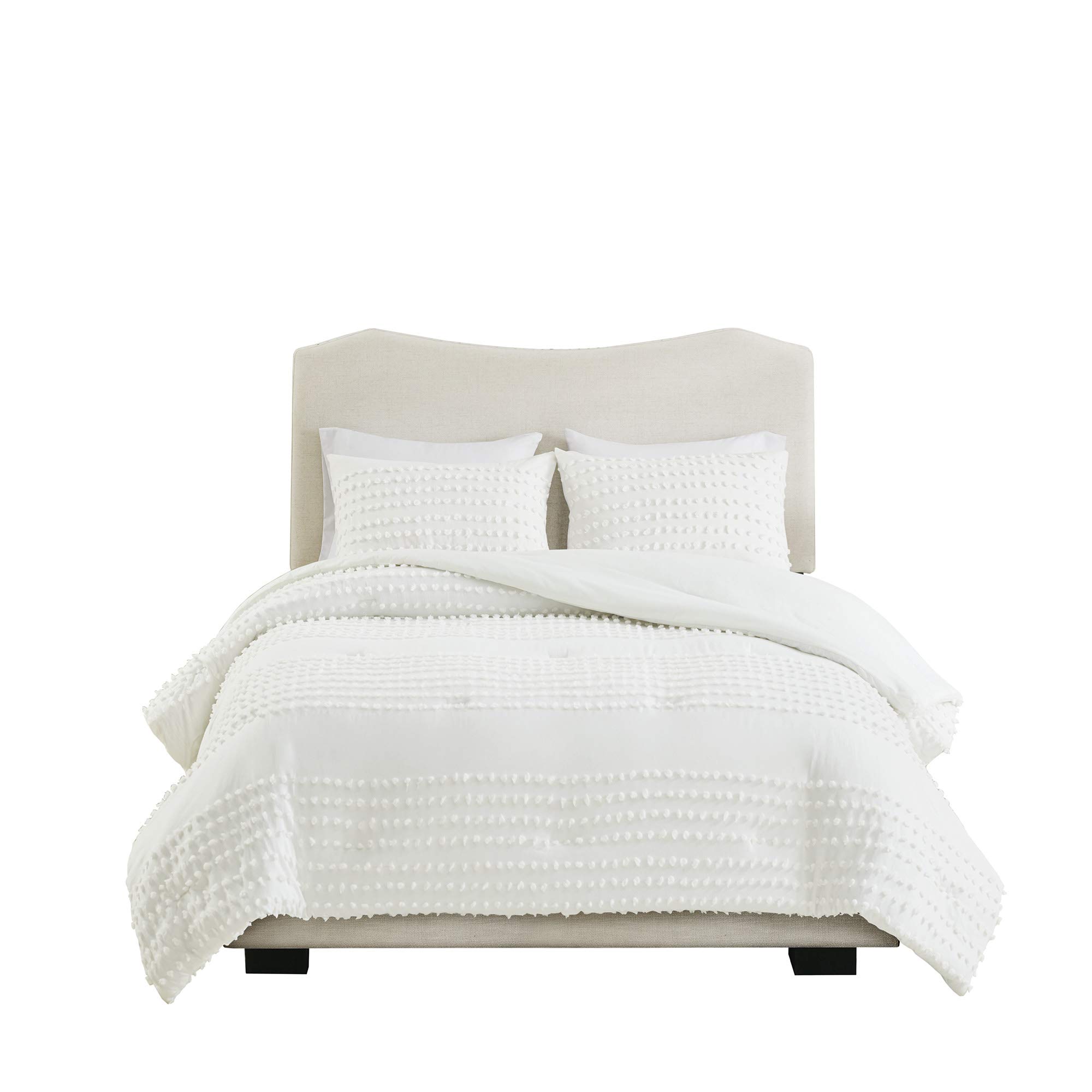Comfort Spaces Cotton Comforter Set Jacquard Pom-Pom Tufts Design, Down Alternative, All Season Modern Bedding, Matching Shams, Full/Queen, Phillips, Ivory