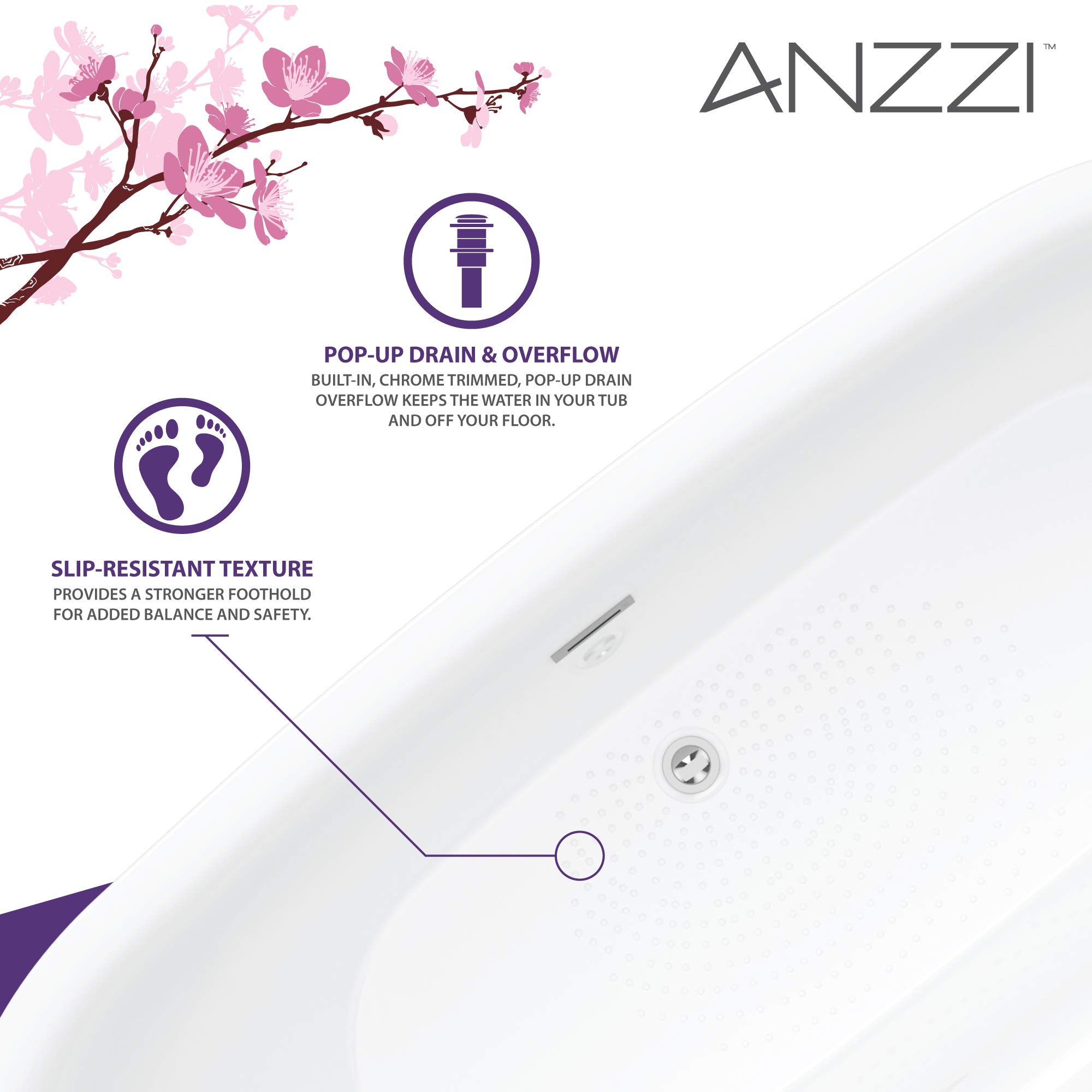 ANZZI Freestanding Tub 67”, Soaker Tub, Acrylic Center Drain, Luxury Spacious, Deep Soaker Bathtub with Overflow and Drain, Modern Slip-Resistant Floor (FT-AZ401)
