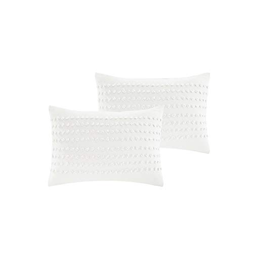 Comfort Spaces Cotton Comforter Set Jacquard Pom-Pom Tufts Design, Down Alternative, All Season Modern Bedding, Matching Shams, Full/Queen, Phillips, Ivory