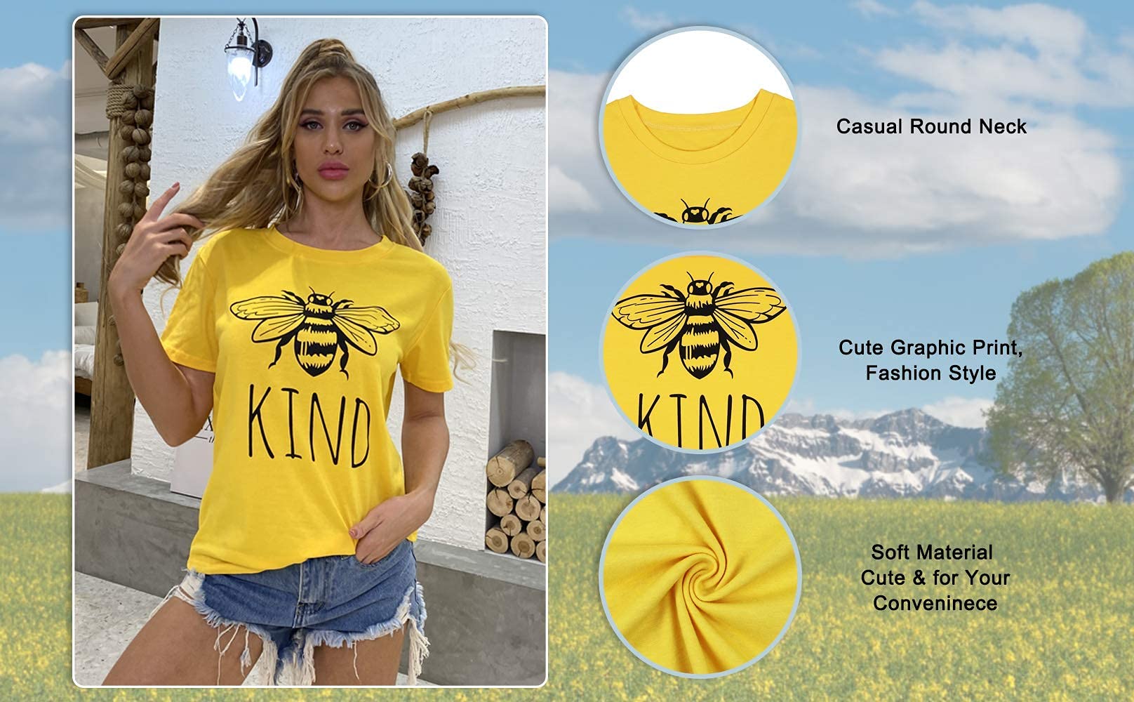 Be Kind Tshirt Women Cute Bee Graphic Shirt Funny Inspirational Teacher Short Sleeve Tees Tops Yellow Large