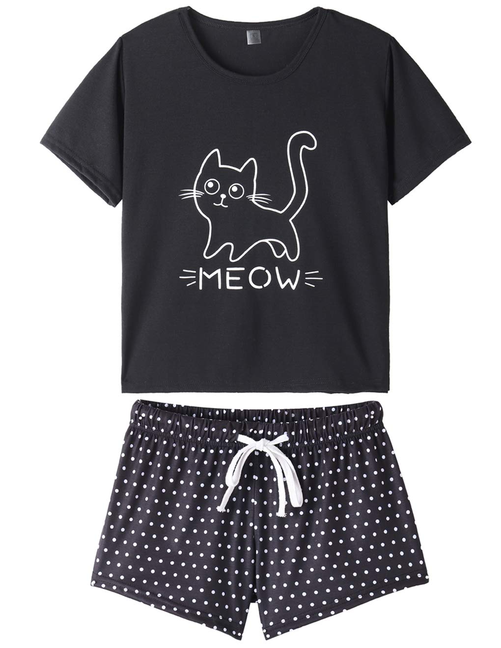 VENTELAN Pajamas for Women 2 Piece Cute Cat Sleepwear Pajama Sleep Set, Black, Large(USA Size:12-14)