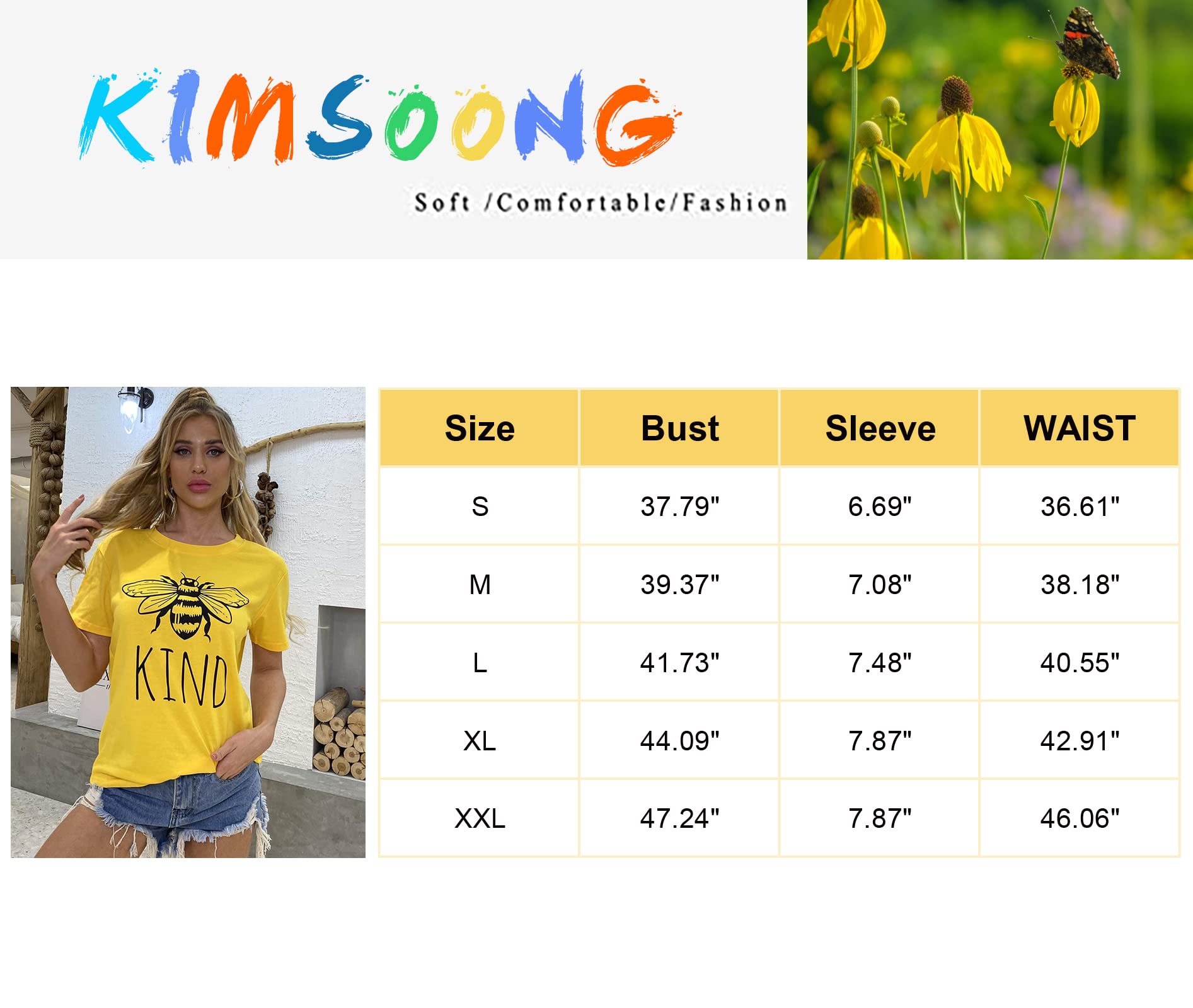 Be Kind Tshirt Women Cute Bee Graphic Shirt Funny Inspirational Teacher Short Sleeve Tees Tops Yellow Large