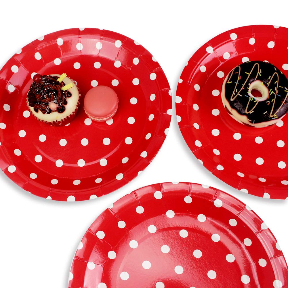 Dulousia Red Polka Dot Paper Plates 36pcs - 9inch Biodegradable Round Party Plates for Cakes, Dessert, Snack, Fruits