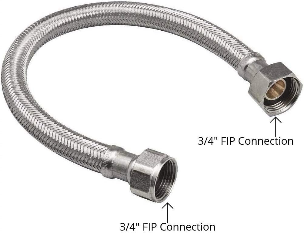 EZ-Fluid 12-Inch Braided Flexible Stainless Steel Water Heater Connector Hose For Female Iron Water Pipes Fitting, 3/4-Inch FIP x 3/4-Inch FIP