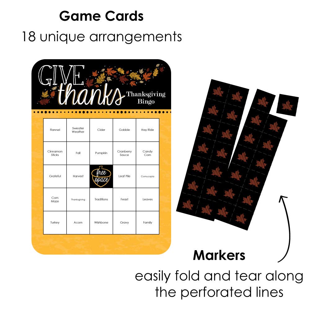 Big Dot of Happiness Give Thanks - Bingo Cards and Markers - Thanksgiving Party Bingo Game - Set of 18