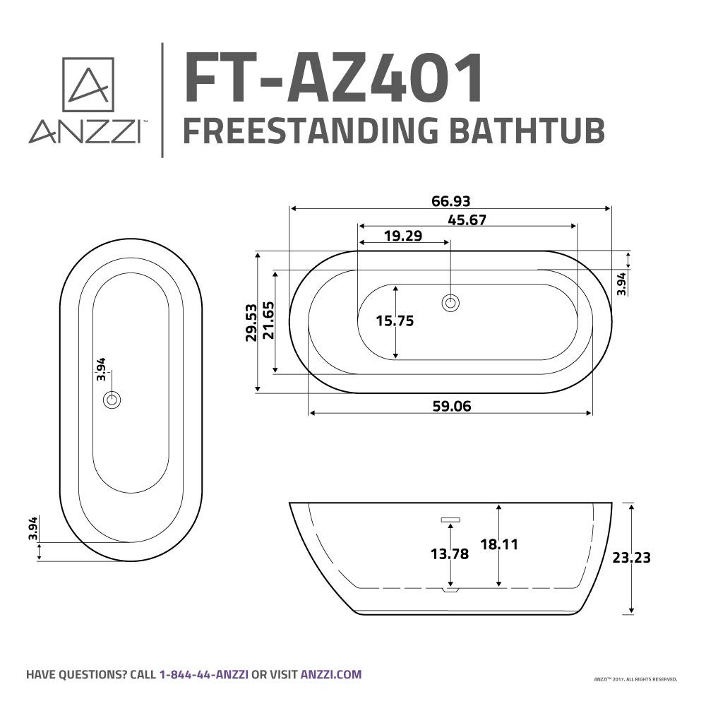ANZZI Freestanding Tub 67”, Soaker Tub, Acrylic Center Drain, Luxury Spacious, Deep Soaker Bathtub with Overflow and Drain, Modern Slip-Resistant Floor (FT-AZ401)
