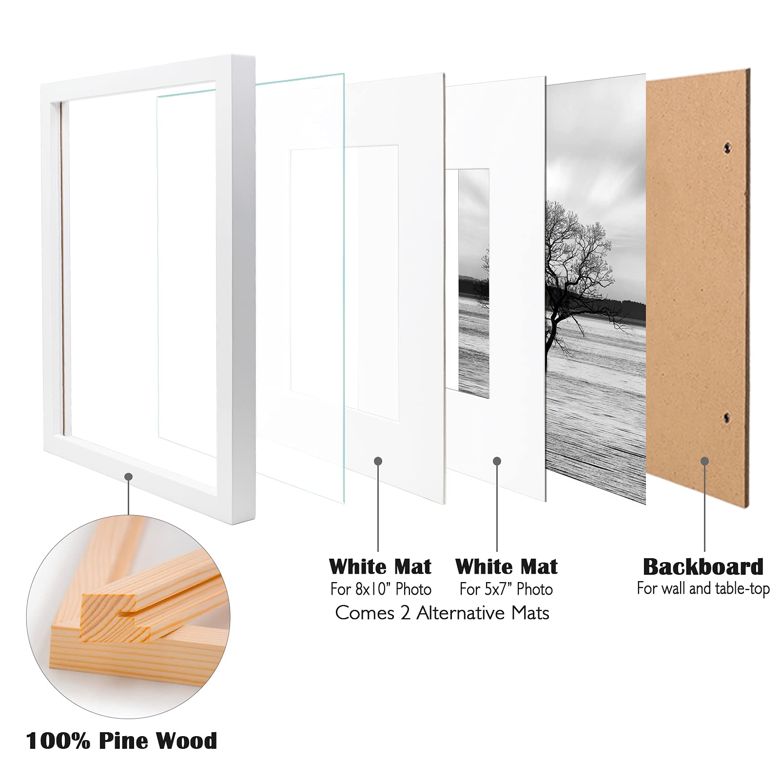 Egofine 11x14 Picture Frames Set of 4, Made of Solid Wood Covered by Plexiglass 5x7 and 8x10 with Mat or 11x14 without Mat, for Table Top Display and Wall Mounting Photo Frame White
