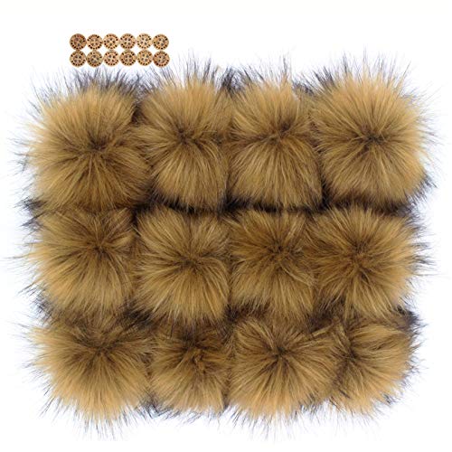 Fluffy Faux Raccoon Fur Pompoms - 12pcs Handmade Hairy Ball Fits for Knitted Hats Scarves Shawls Key Chain Accessories 5.5 inches (camel)