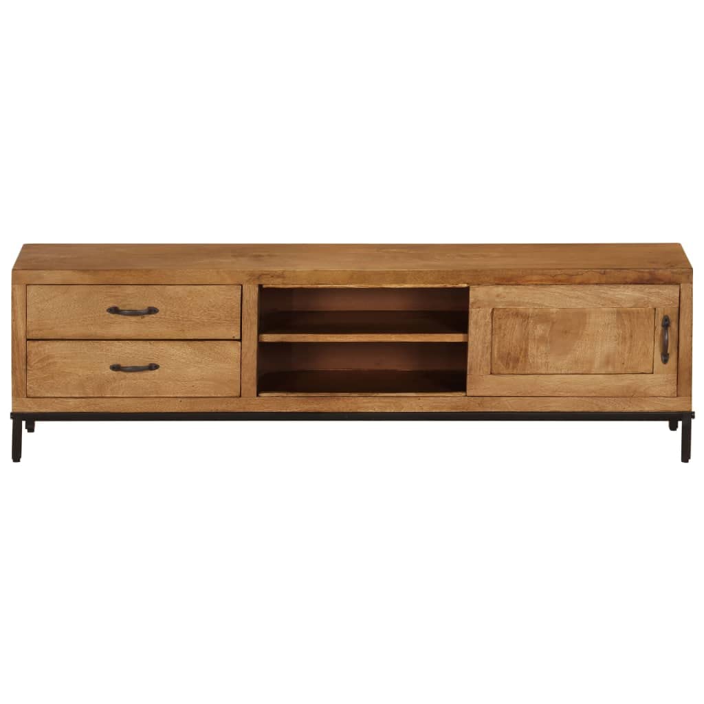 vidaXL Retro TV Stand with Storage - Solid Mango Wood TV Cabinet with Steel Legs - Sideboard with Shelves and Drawers - 55.1"x11.8"x15.7" - Brown