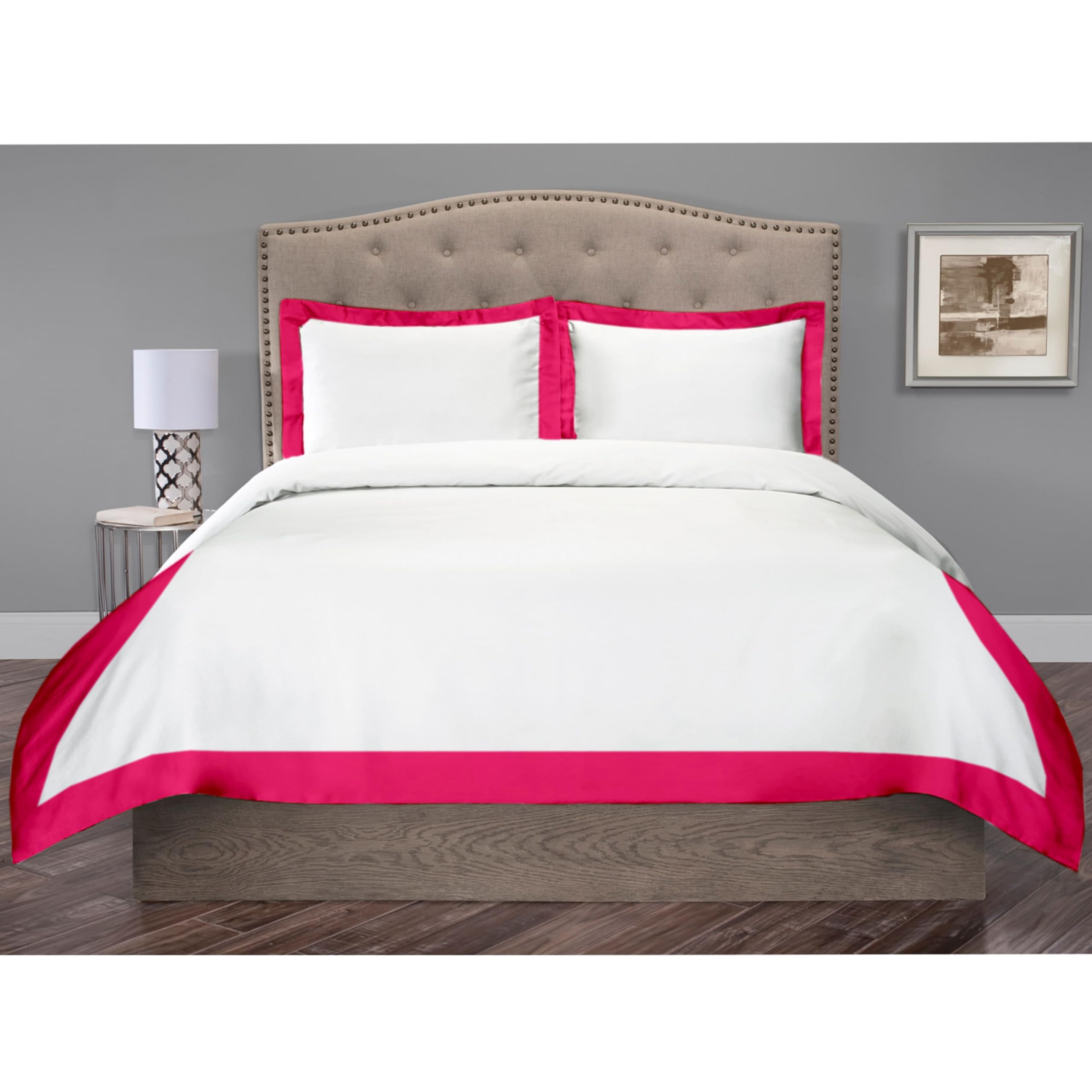 Hotel Luxury 3pc Dual Tone Duvet Cover Set-850 Thread Count 100% Organic Cotton Premium Bedding Collection Queen Size 88 x 92 Inches Machine Washable (White & Hot Pink)