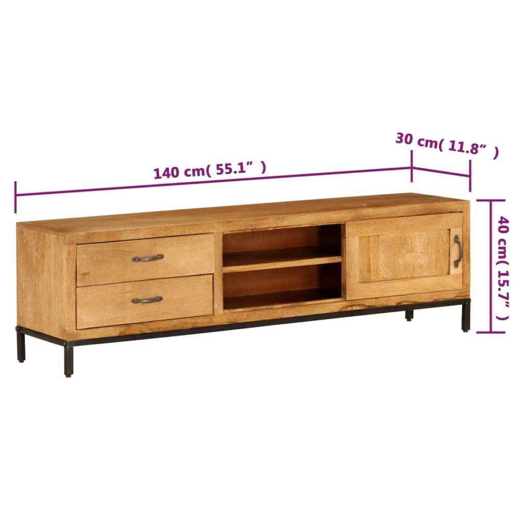 vidaXL Retro TV Stand with Storage - Solid Mango Wood TV Cabinet with Steel Legs - Sideboard with Shelves and Drawers - 55.1"x11.8"x15.7" - Brown