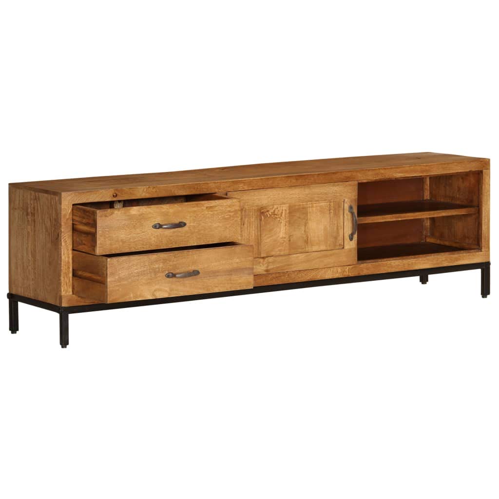 vidaXL Retro TV Stand with Storage - Solid Mango Wood TV Cabinet with Steel Legs - Sideboard with Shelves and Drawers - 55.1"x11.8"x15.7" - Brown