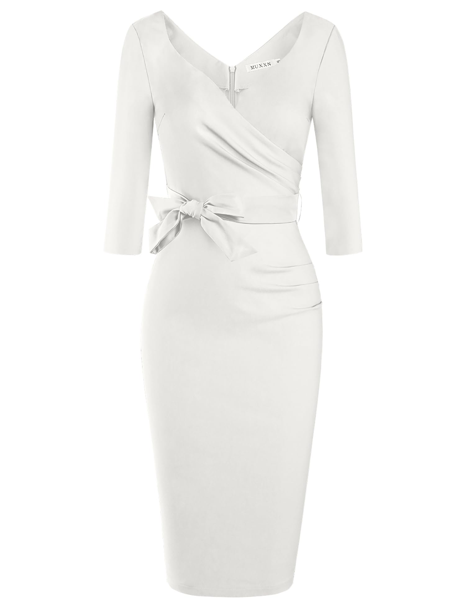 MUXXN Lady Bowknot Tie Pleated Waist Wedding White Tea Length Dress with Sleeves (Off White XL)