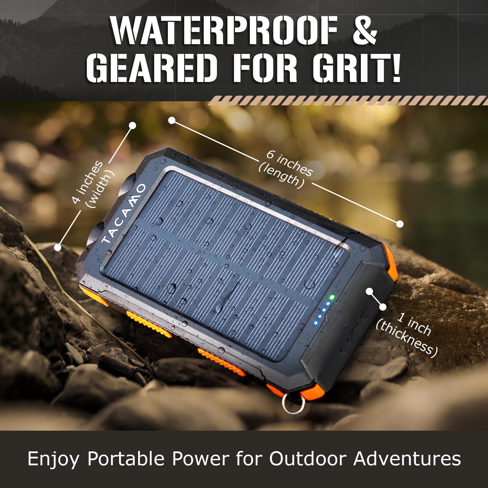 TACAMO® Solar Power Bank Portable Charger - IP67 Waterproof and Dustproof - TSA Compliant - for Backpacking and Camping - Dual USB Port, Fast Charging Battery Pack with 3-Mode Emergency Flashlight