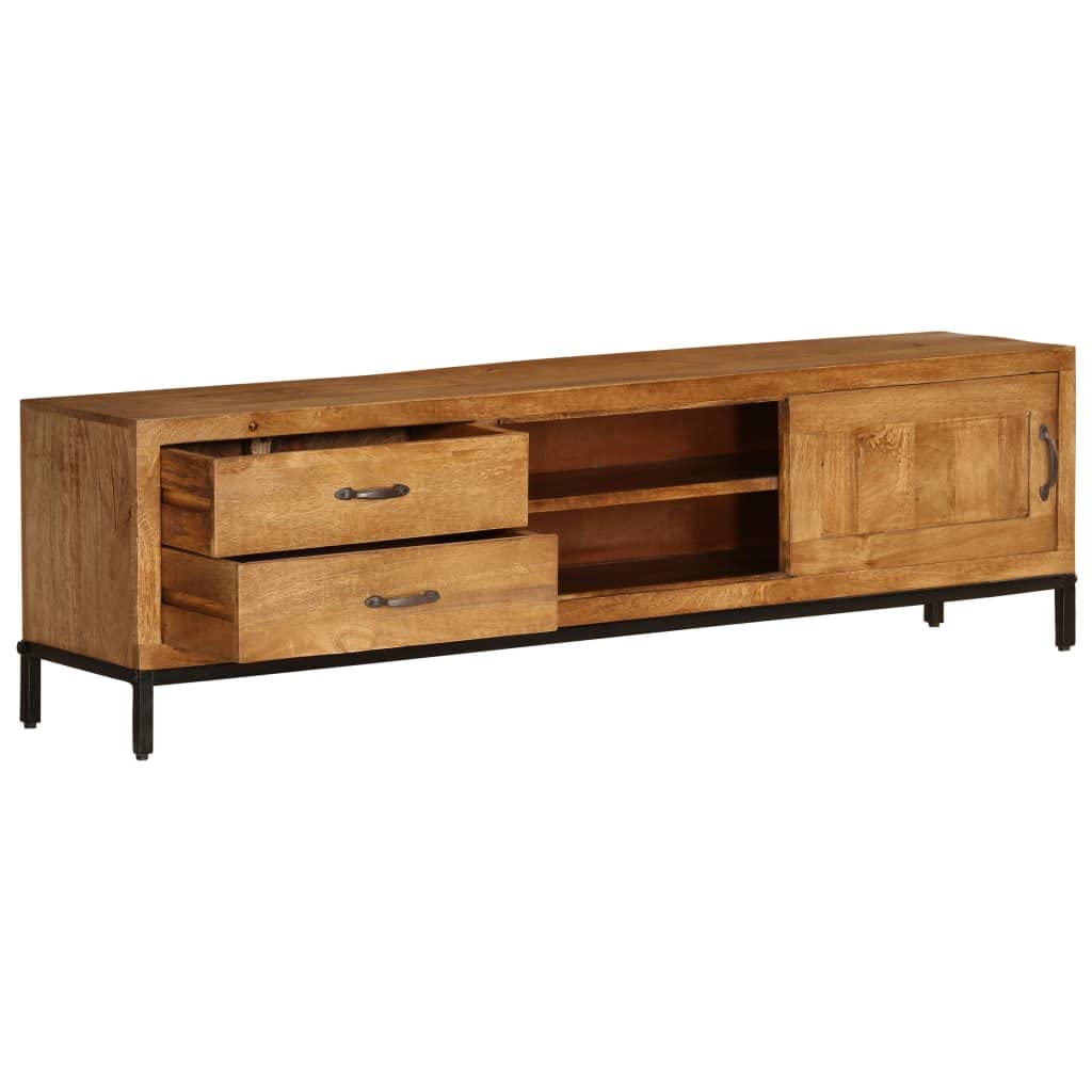 vidaXL Retro TV Stand with Storage - Solid Mango Wood TV Cabinet with Steel Legs - Sideboard with Shelves and Drawers - 55.1"x11.8"x15.7" - Brown