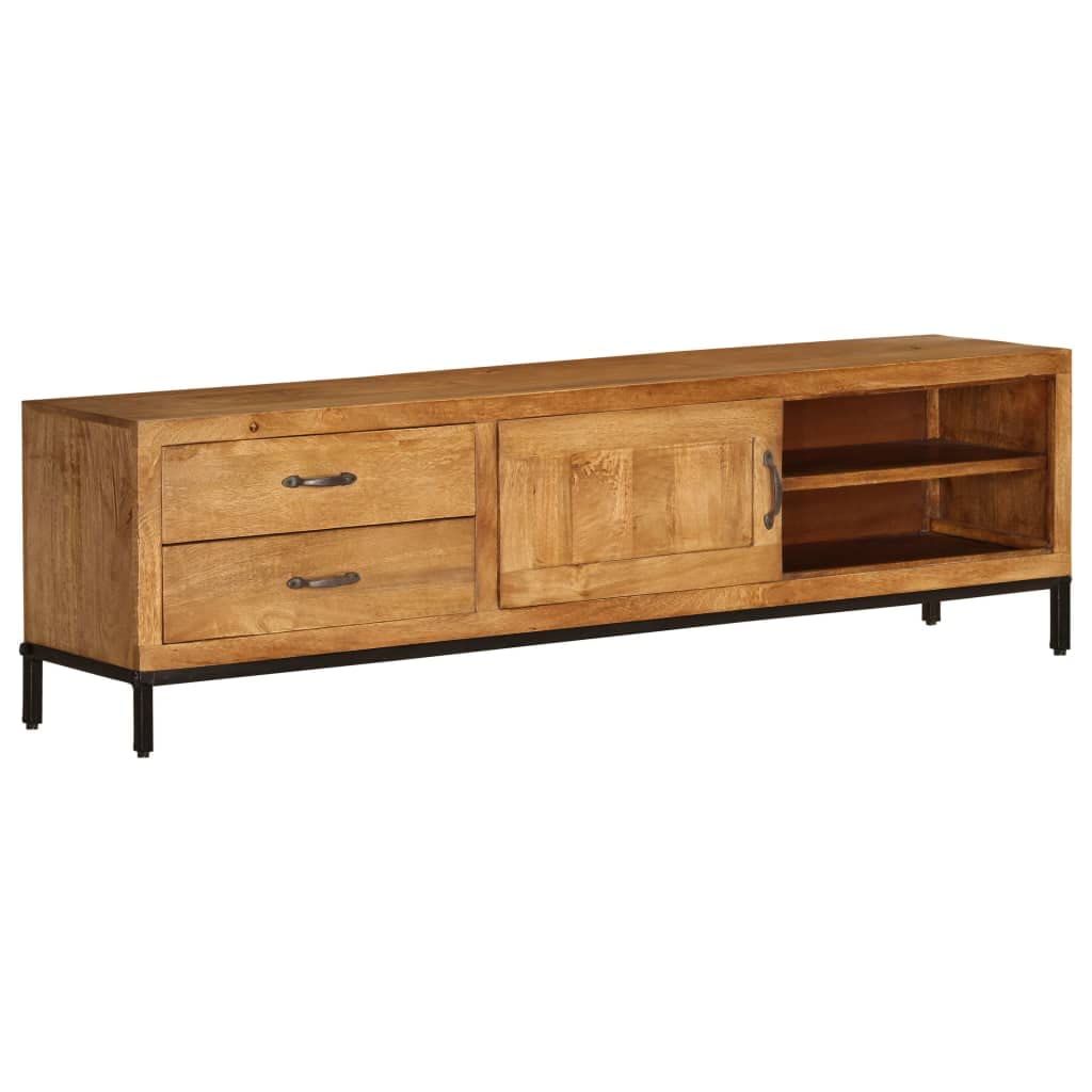 vidaXL Retro TV Stand with Storage - Solid Mango Wood TV Cabinet with Steel Legs - Sideboard with Shelves and Drawers - 55.1"x11.8"x15.7" - Brown