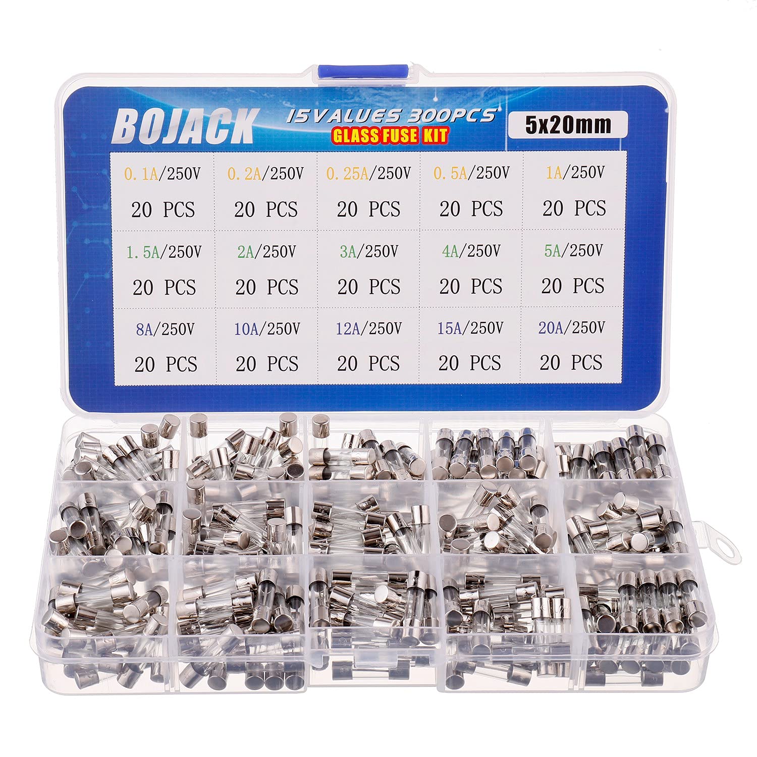 BOJACK 15 Values 300pcs Fast-Blow Glass Fuses Assortment Kit 5x20mm 250V 0.1 0.2 0.25 0.5 1 1.5 2 3 4 5 8 10 12 15 20A amp packag in a Clear Plastic Box
