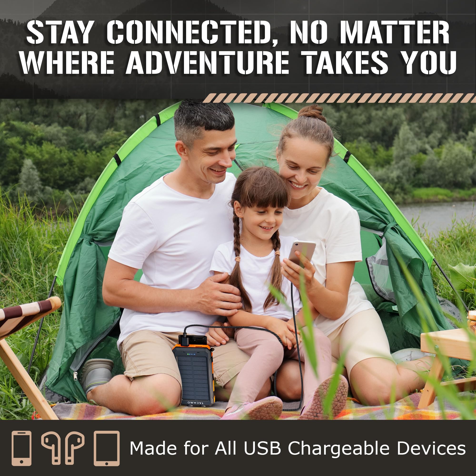 TACAMO® Solar Power Bank Portable Charger - IP67 Waterproof and Dustproof - TSA Compliant - for Backpacking and Camping - Dual USB Port, Fast Charging Battery Pack with 3-Mode Emergency Flashlight