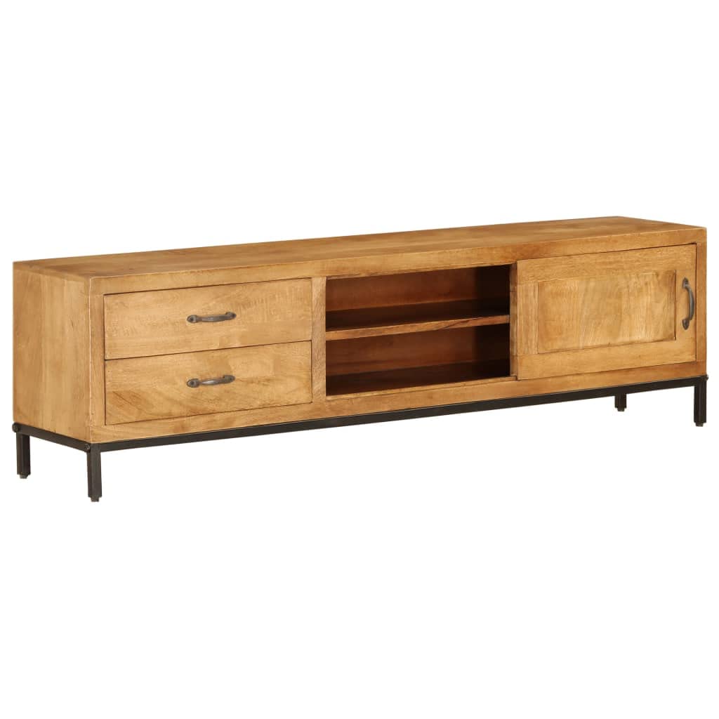 vidaXL Retro TV Stand with Storage - Solid Mango Wood TV Cabinet with Steel Legs - Sideboard with Shelves and Drawers - 55.1"x11.8"x15.7" - Brown