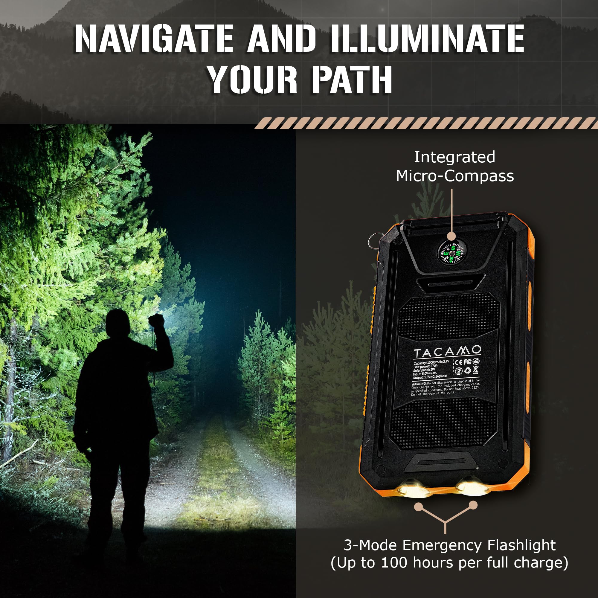TACAMO® Solar Power Bank Portable Charger - IP67 Waterproof and Dustproof - TSA Compliant - for Backpacking and Camping - Dual USB Port, Fast Charging Battery Pack with 3-Mode Emergency Flashlight