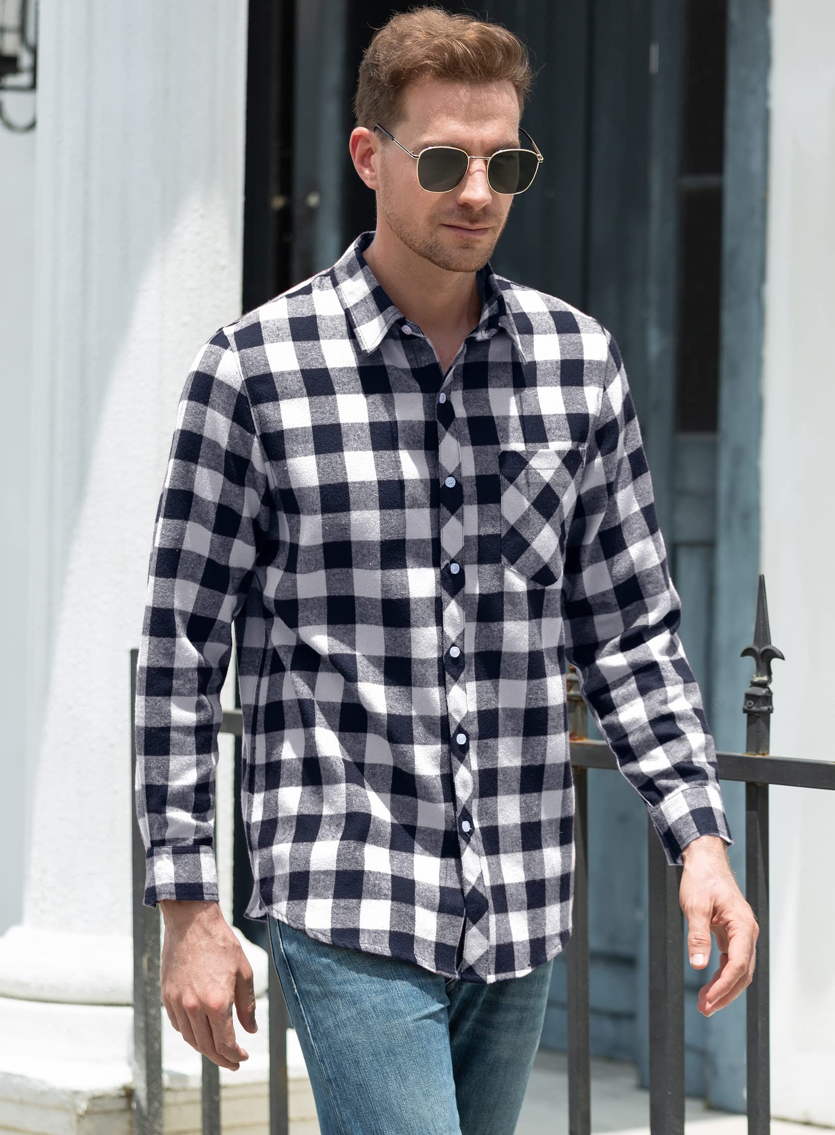 SANGTREE Mens Flannel Plaid Shirts Casual Long Sleeve Button Down Shirt Dad and Son Matching Shirts (Black White, XXL)