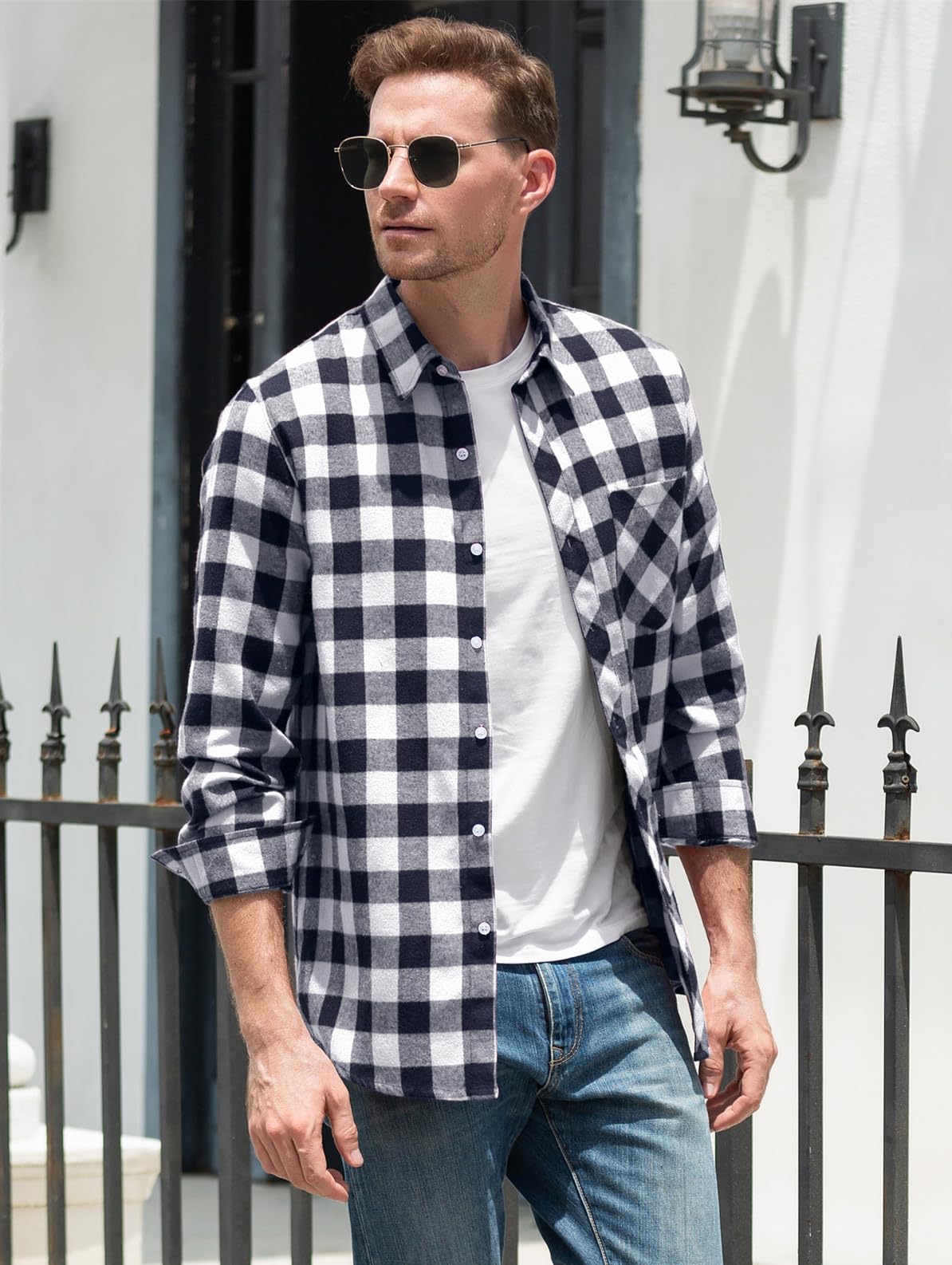 SANGTREE Mens Flannel Plaid Shirts Casual Long Sleeve Button Down Shirt Dad and Son Matching Shirts (Black White, XXL)