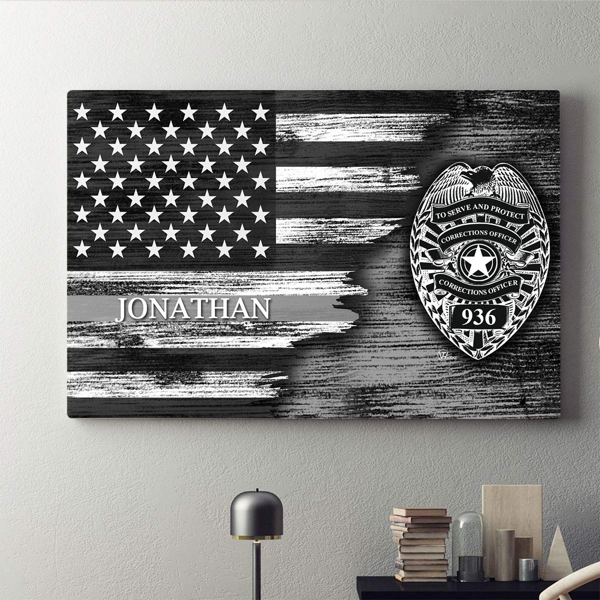 Personalized Custom Name Correctional Badge Number Correction Officer Prayer Thin Silver Grey Gray Line American Flag Canvas Prints Wall Art Hanging Graduation Poster Retired Retirement Home Decor